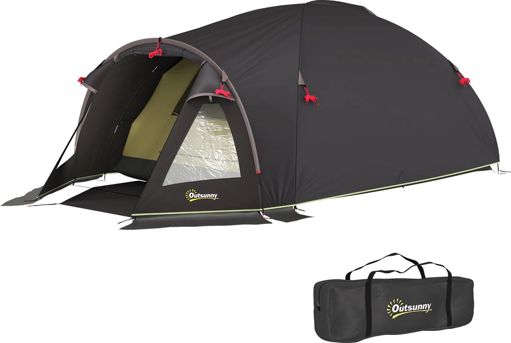 Outsunny Tunelový Camping Stan pro 2-4 Osoby se 2 Místnostmi, Rodinný Stan pro 4 Osoby Voděodolný 3000mm s Mřížkovými Dveřmi, Bočními Okny a Transport
