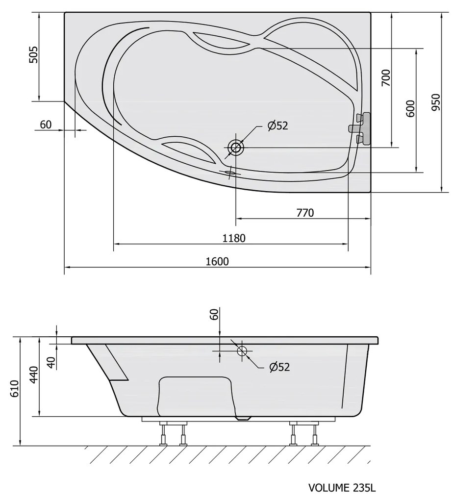 Polysan MAMBA R asymetrická vana s konstrukcí 160x95x44cm, pravá, bílá, 28211