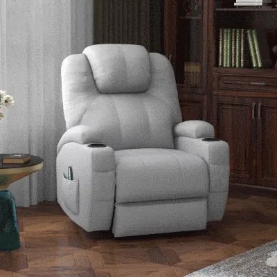 Masážní křeslo HOMCOM Relaxační křeslo s 8 vibračními body, 5 režimů, funkce polohování, nosnost 150 kg, imitace kůže, světle šedá