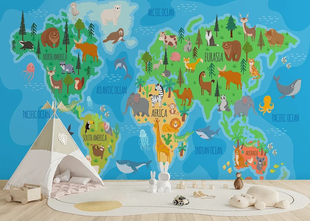 Dětská fototapeta na míru Barevná Zvířecí Mapa Světa | Vliesová fototapeta na zed' | DFTD5P 352443
