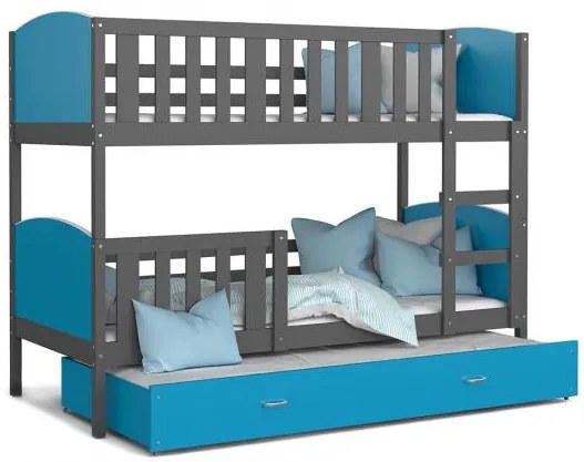 Dětská patrová postel TAMI 3 90x200 cm s šedou konstrukcí v modré barvě s přistýlkou