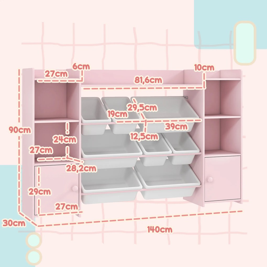 Dětský úložný regál, regál na hračky a knihy, pro přehledné uspořádání, 8 vyjímatelných boxů, růžový