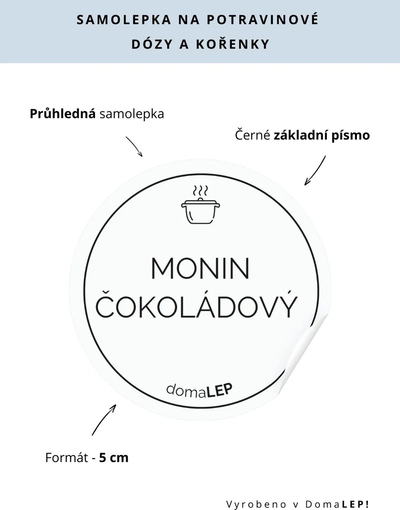 Samolepka na láhev MONIN ČOKOLÁDOVÝ průměr 5 cm – průhledná vinylová, voděodolná, omyvatelná samolepka na dózy, základní písmo