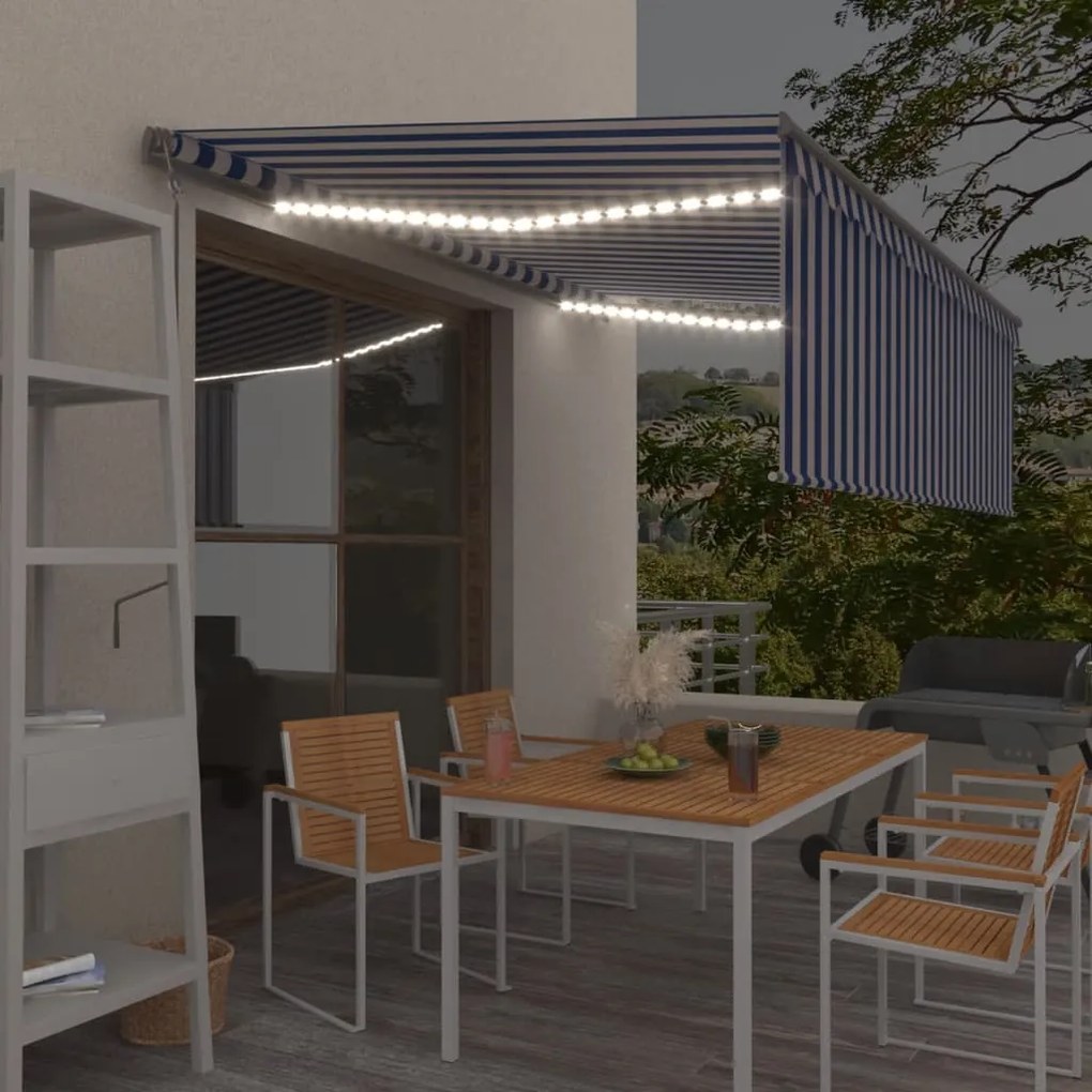 Automatická markýza roleta LED a senzor větru 4,5x3 m modrobílá 3069451