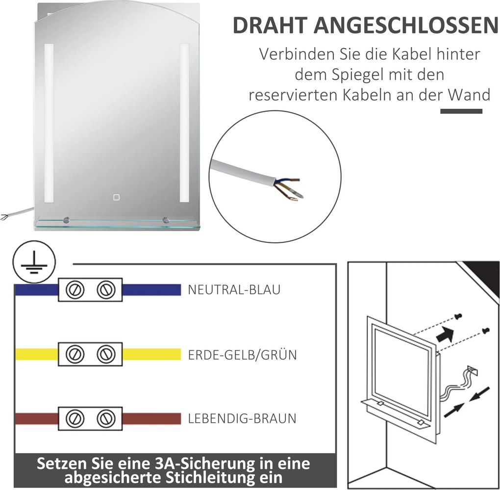 kleankin koupelnové zrcadlo s osvětlením, nástěnné zrcadlo se 3 barvami světla, IP44, osvětlené zrcadlo s dotykovým spínačem, paměťová funkce, hliník…