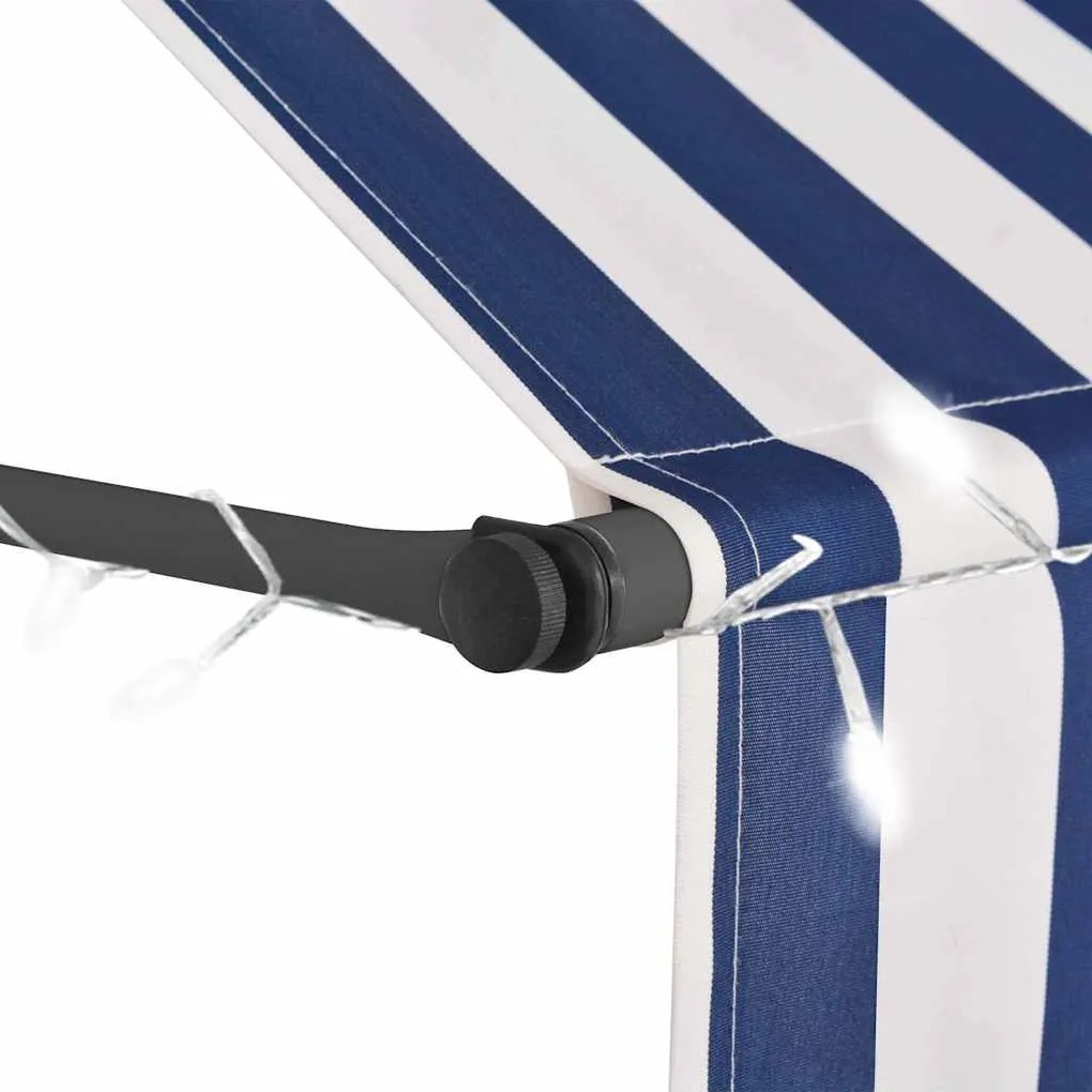 Ručně zatahovací markýza s LED světlem 150 cm modrobílá 145842