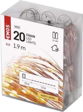 Vánoční osvětlení EMOS D3AW07 ZY1952 20LED nano řetěz měděný 1,9m 2xAA teplá bílá s časovačem