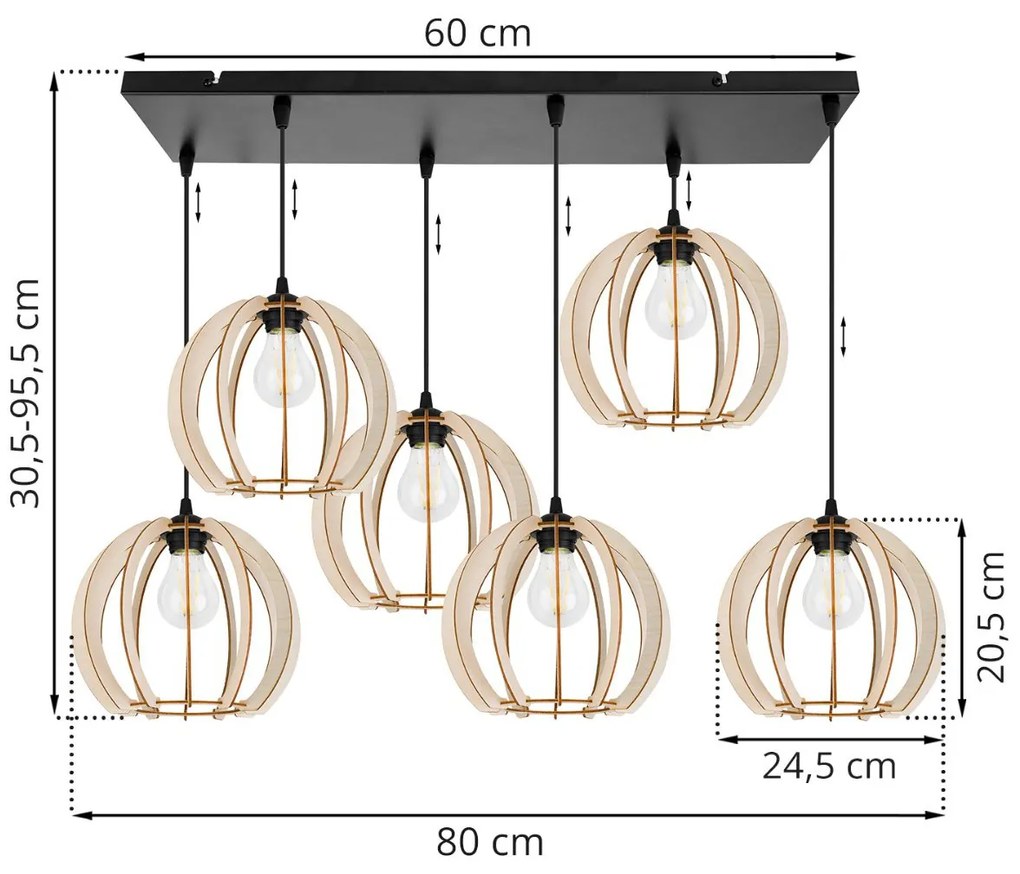 Závěsné svítidlo TIMBER 9, 6x dřevěné stínítko