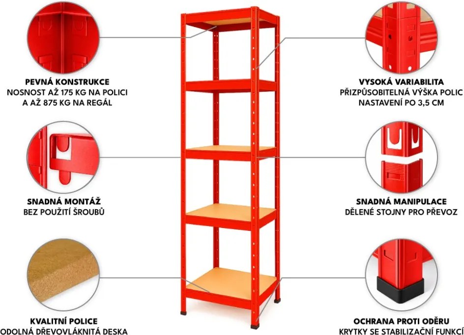 Regál 180x40x40 cm lakovaný 5-policový, nosnost 875 kg - červený - 2ks