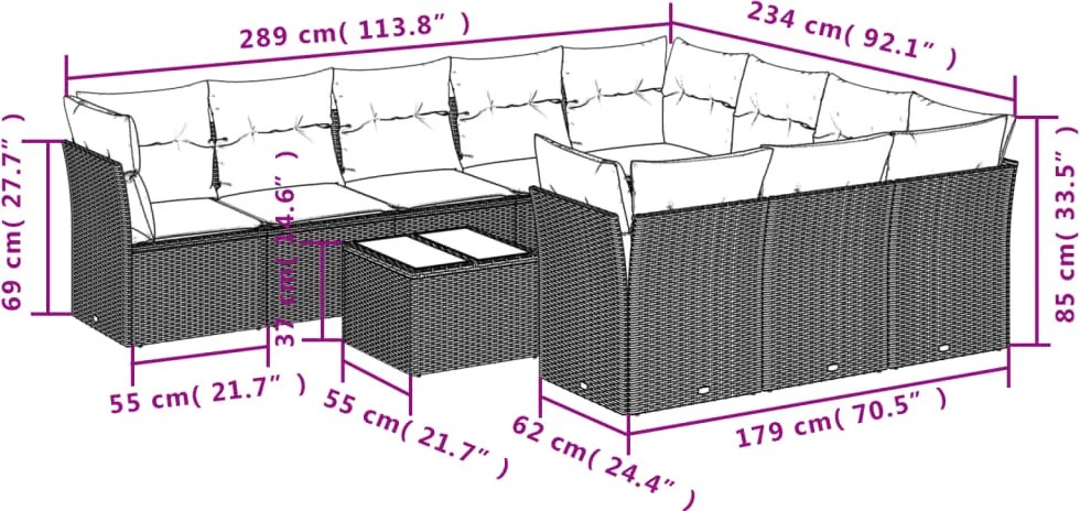11dílný zahradní sedací souprava s poduškami béžový polyratan 3218229