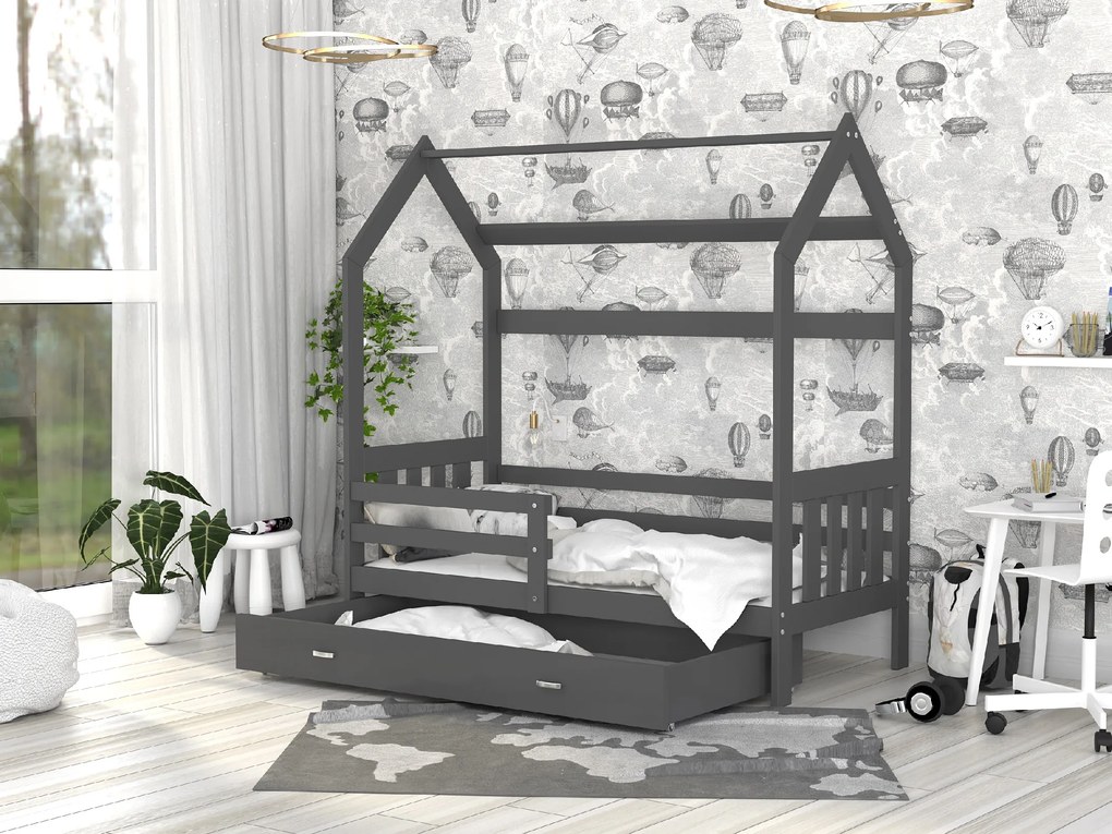 BabyBeds Dětská postel domeček se zábranou a úložným prostorem šedá Velikost postele: 190x80 cm, Barva šuplíku: Modrá