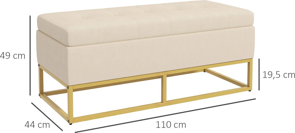 HOMCOM Lavice s úložným prostorem Čalouněná lavice s výklopným víkem v béžovém sametovém vzhledu Lavice s ocelovými nohami 110x44x49 cm do předsíně o…