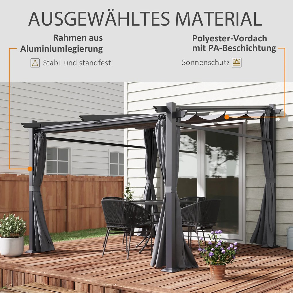Outsunny pergola 2,97 x 2,95 m, voděodolný pavilon se sluneční stříškou, boční panely, kryt terasy, polyester, tmavě šedá | Aosom