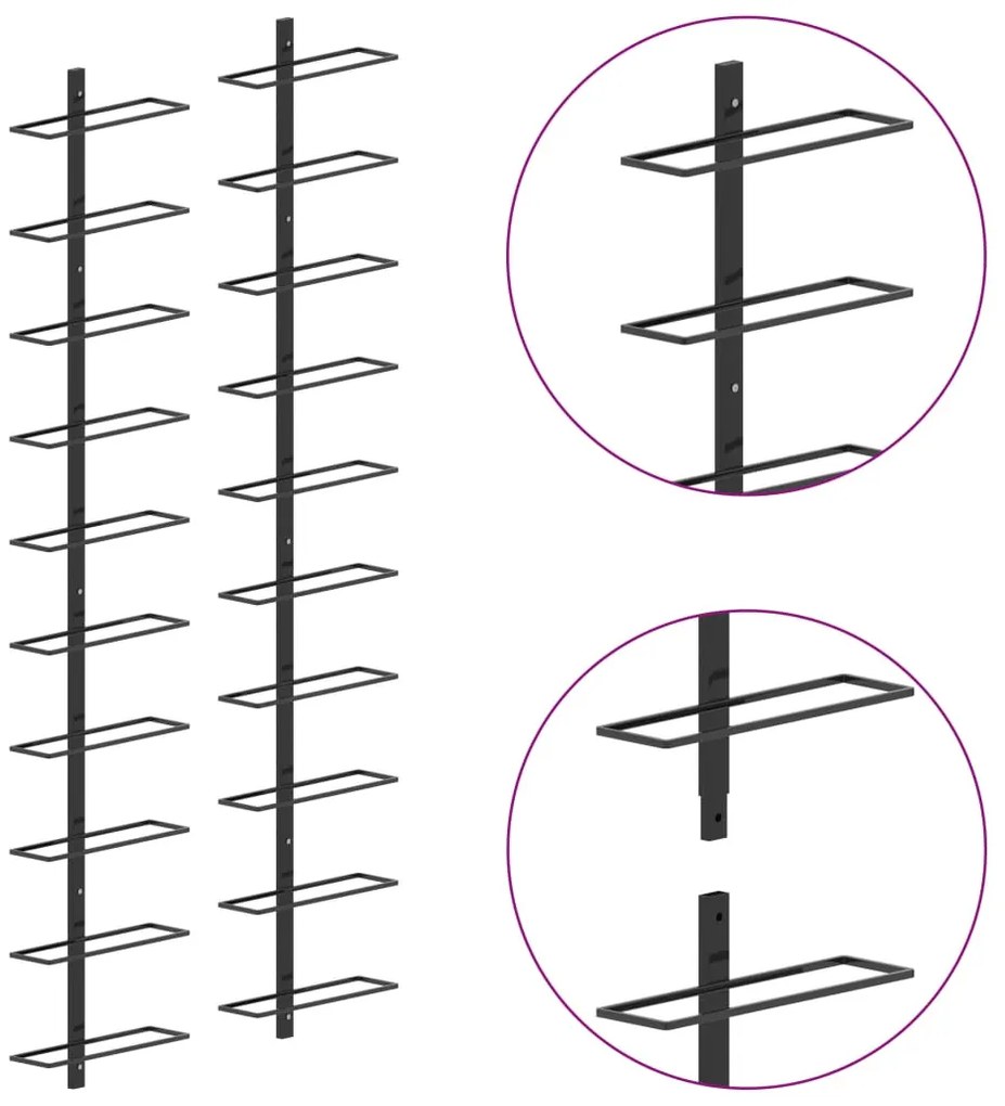 vidaXL Marketos Nástěnný stojan na víno na 20 lahví 2 ks černý kov