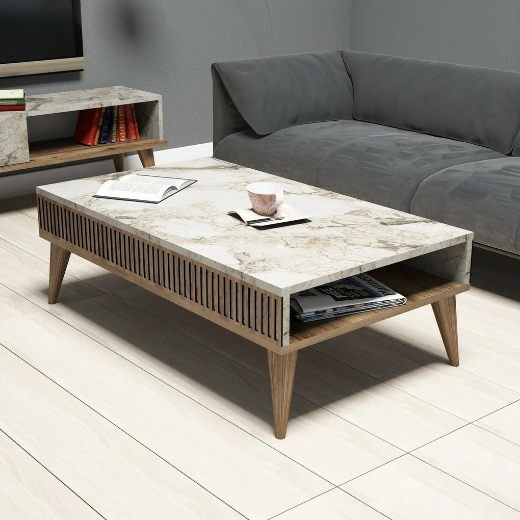 Konferenční stolek Mila White Marble and Walnut
