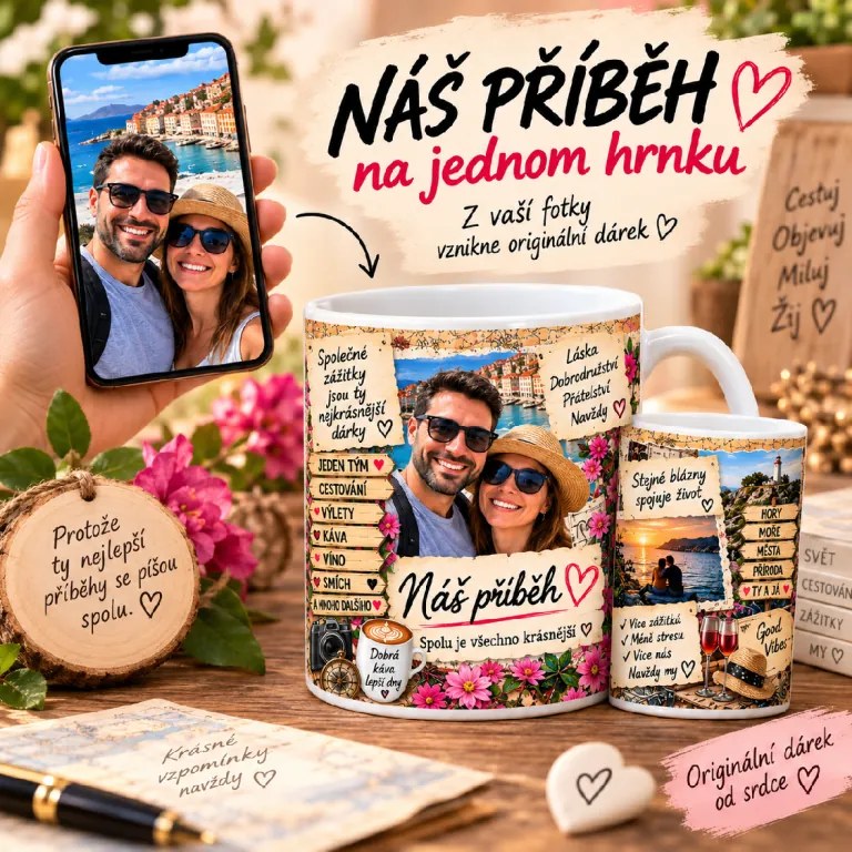 Personalizovaný hrnek z fotografie – Náš příběh – dárek pro pár, kamarádky i rodinu