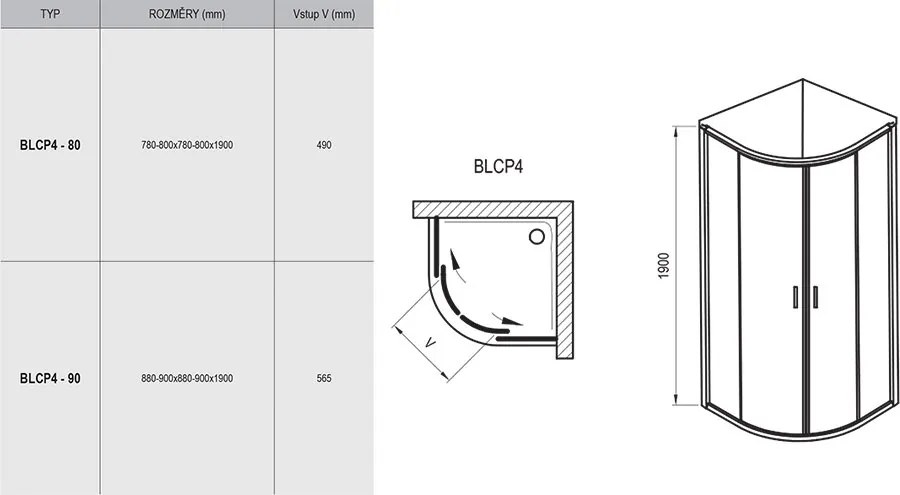 Ravak - Sprchový kout čtvrtkruhový posuvný čtyřdílný Blix BLCP4-80 bílá, transparentní sklo