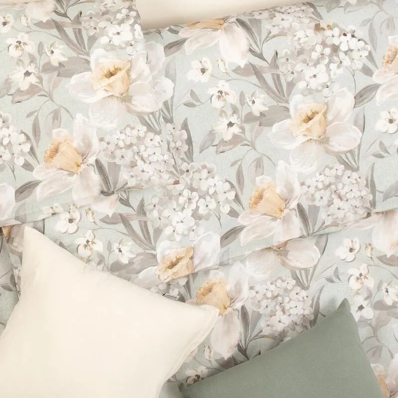 SCANquilt povlečení SATÉN DESIGN narcisy mentolovobílá 140 x 200/70 x 90 cm