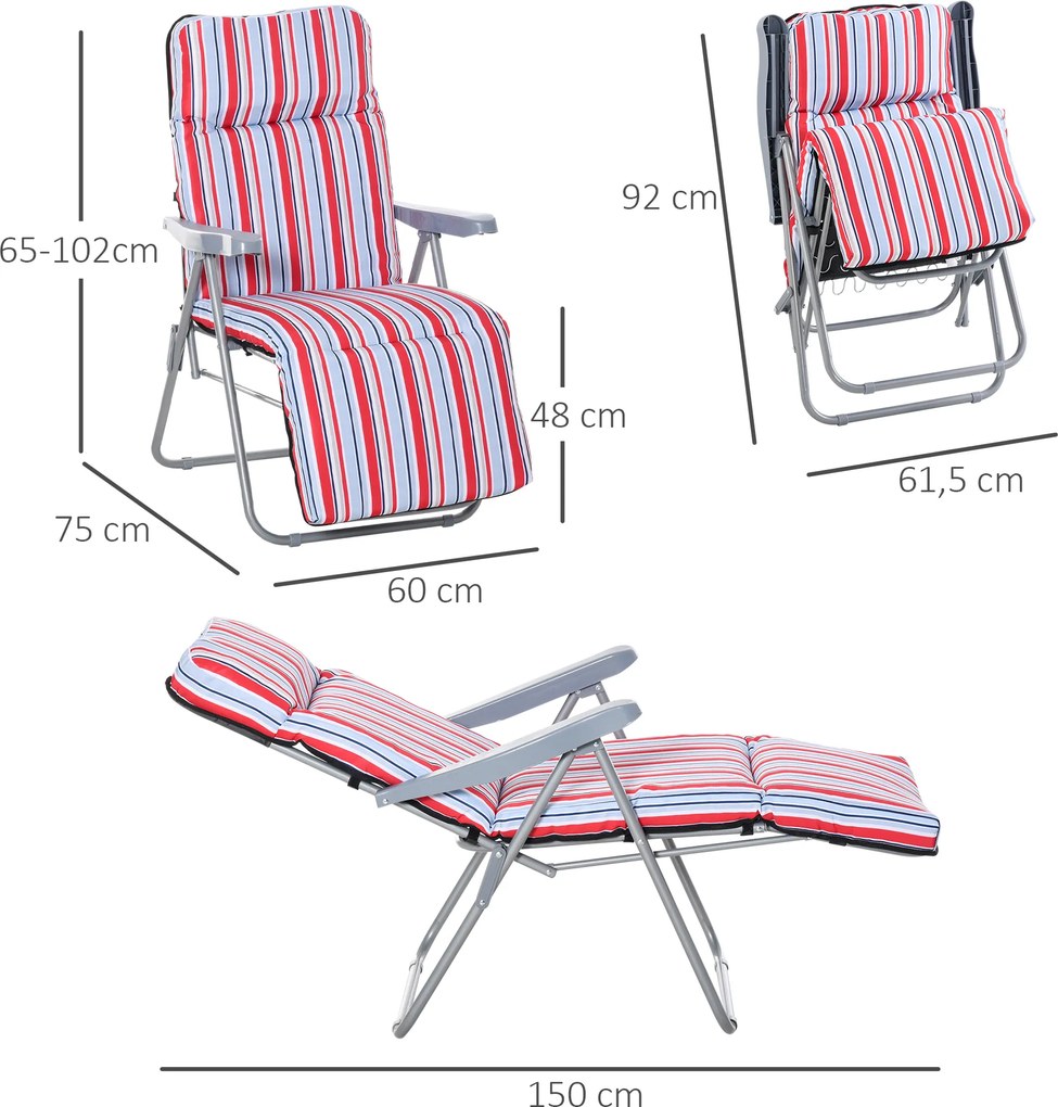 Outsunny lehátko sada 2 lehátek s polštářem skládací nastavitelné opěradlo ocel+polyester červená 60 x 75 x 65-102 cm| Aosom
