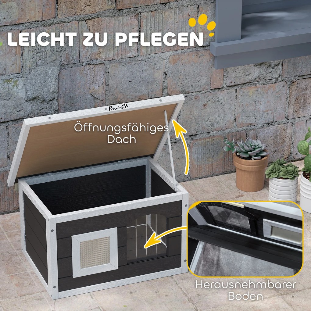 PawHut dřevěný domeček pro kočky Kočičí jeskyně se škrabací rohoží, klapka na dveře, domeček pro kočky odolný proti povětrnostním vlivům, odklopná st…