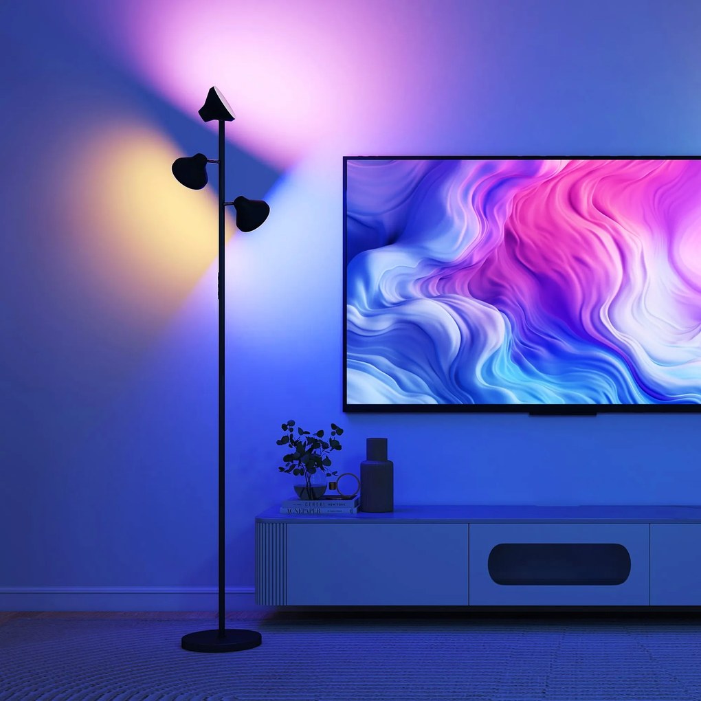 HOMCOM Stojací lampa stmívatelná s čtecí lampou, stojací lampa RGB s měnícími se barvami s dálkovým ovládáním, dotykové ovládání, 3 otočné hlavy, čer…
