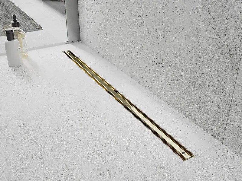 Mexen Flat nerezový sprchový žlab s rotačním 360° sifonem 120 cm, vzor SLIM, zlatá, 1541120
