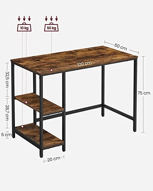 VASAGLE Psací stůl industriální 100x50x75 cm hnědý černý