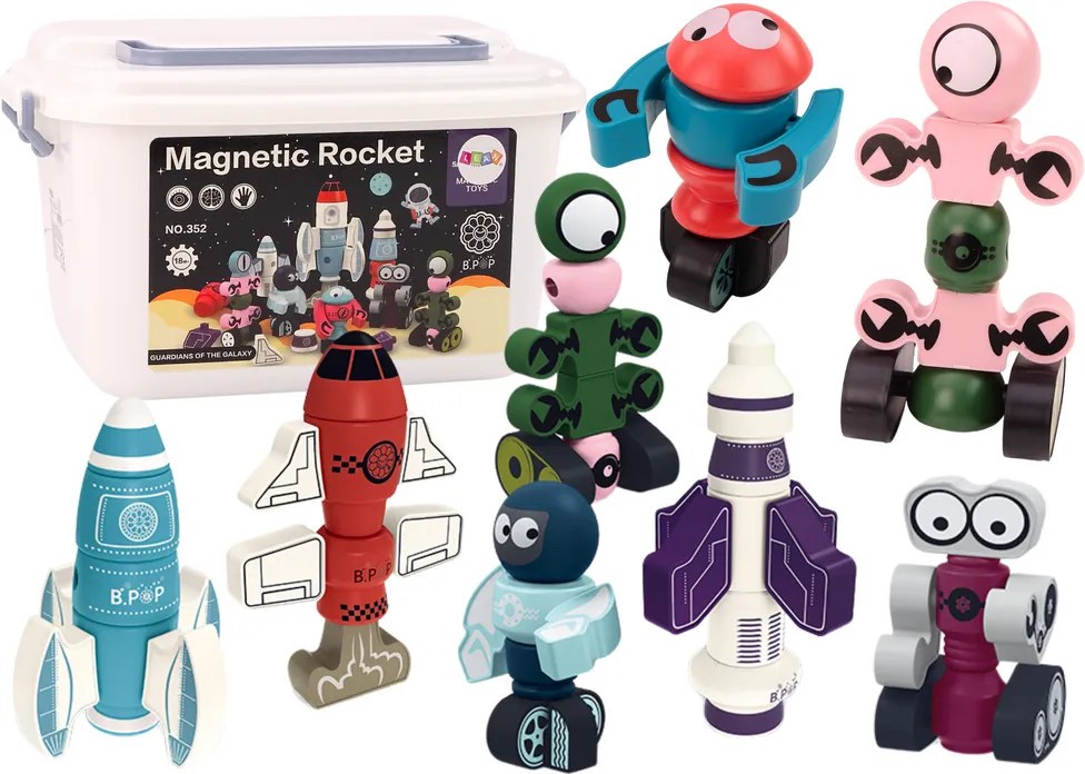 LEAN Toys Magnetické kostky Vesmír – Raketa, sada 56 ks. Magnetic Rocket Mix