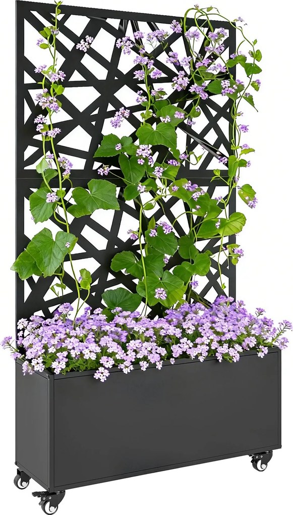 Outsunny vyvýšený kovový truhlík na zahradu s treláží a kolečky — odvodnění, na květiny a zeleninu, zahrada a balkon, 90×30×160 cm | Aosom