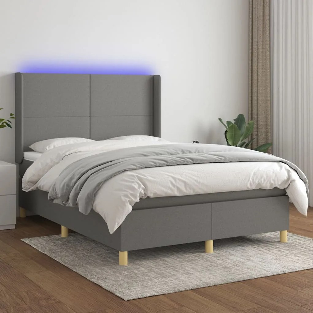Box spring postel s matrací a LED tmavě šedá 140x200 cm textil
