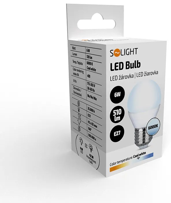 Solight LED žárovka, miniglobe, 6W, E27, 6000K, 510lm