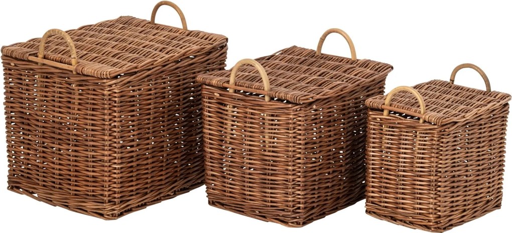 Sada 3ks hnědý proutěný koš s víkem a uchy – 49*43*49,5 / 42*35*42/ 35*42*37cm