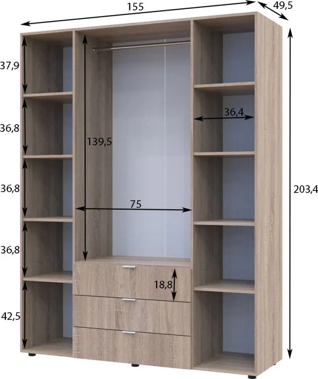 Skříň čtyřdveřová Gelar 155 cm Dub sonoma