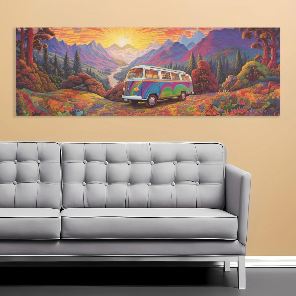 Obraz na plátně - Západ slunce v horách a hippie dodávka vanlife FeelHappy.cz Velikost obrazu: 180 x 60 cm