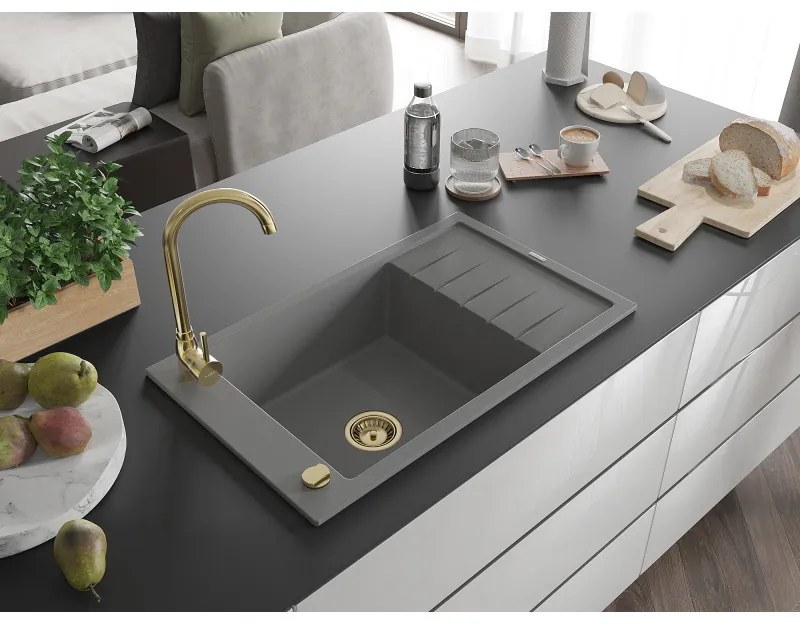 Mexen Elias, granitový dřez granitový 795x480x200 mm, 1-komorový, šedá se zlatým sifonem, 6511791005-71-G