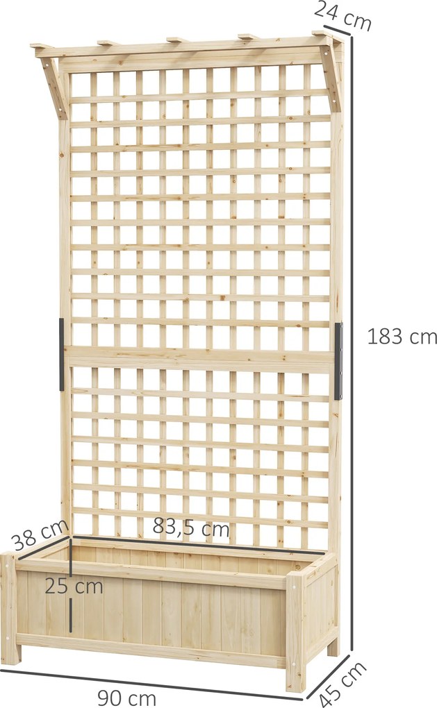 Vyvýšený záhon s mříží a stříškou, truhlík na květiny, záhon odolný proti povětrnostním vlivům, dřevo, 90 x 45 x 183 cm, přírodní dřevo