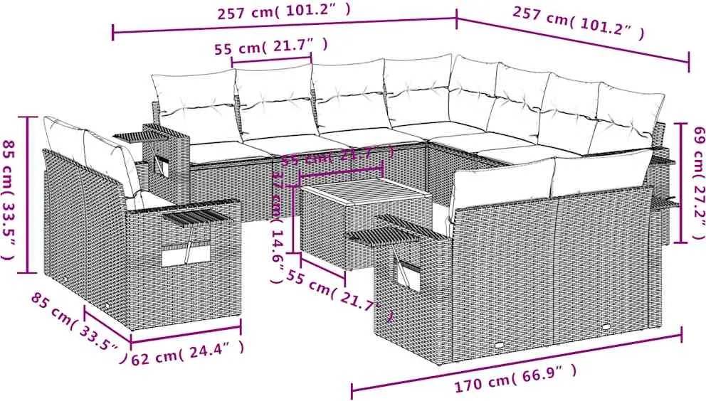 12dílná zahradní sedací souprava s poduškami černá polyratan 3257154