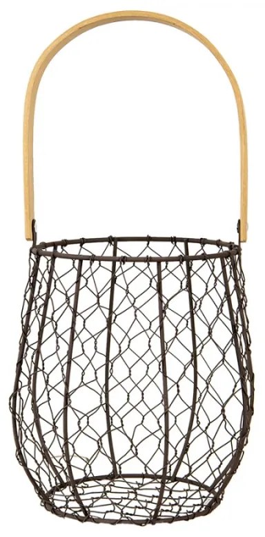 Hnědý drátěný košík s dřevěným držadlem – 15x19/36 cm