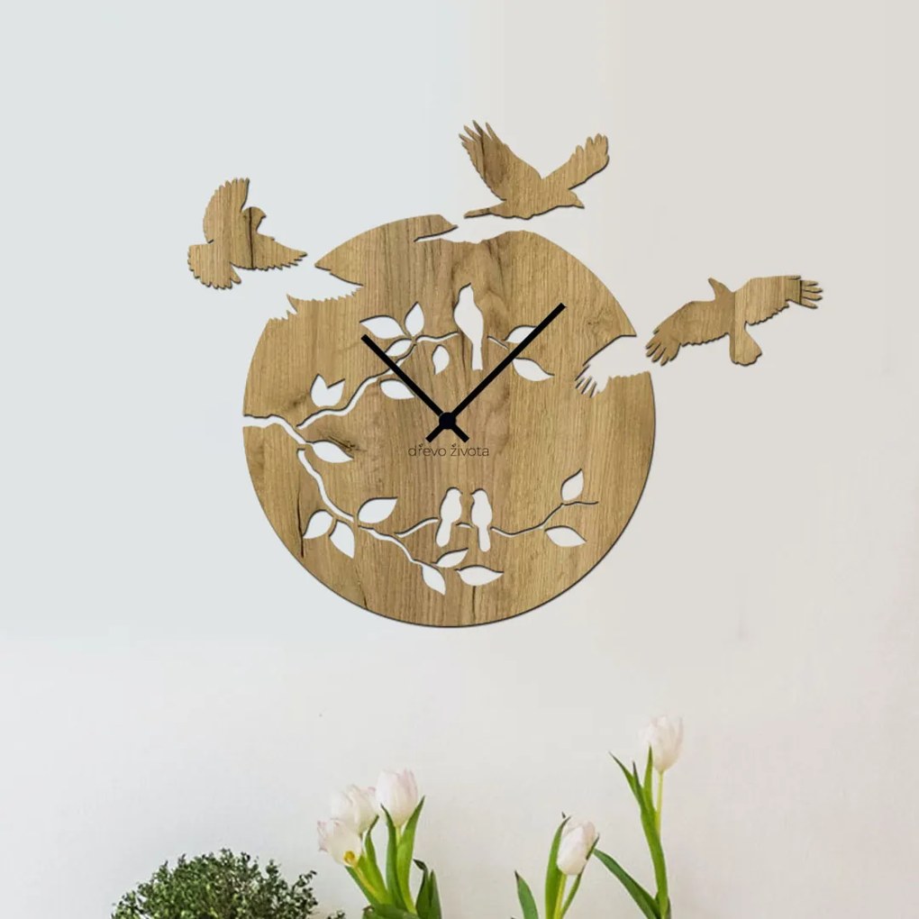 dřevo života Nástěnné hodiny PTÁCI Zvolte barvu dekoru: Bílá, Zvolte velikost hodin (cm): 40x40, Barva ručiček: Stříbrné