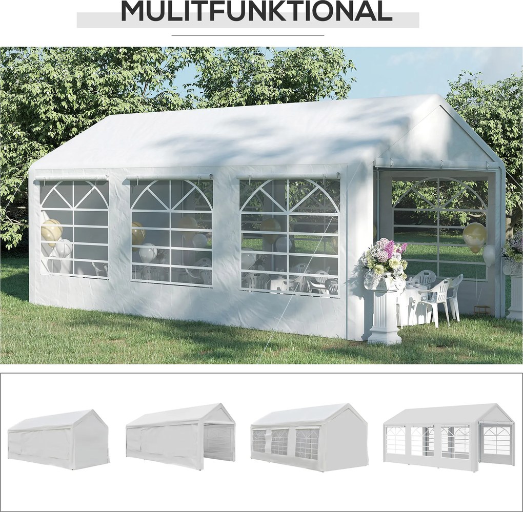 Pavilonový párty stan Outsunny 3x6m se 4 bočními stěnami a okny z polyesteru a kovu – bílý
