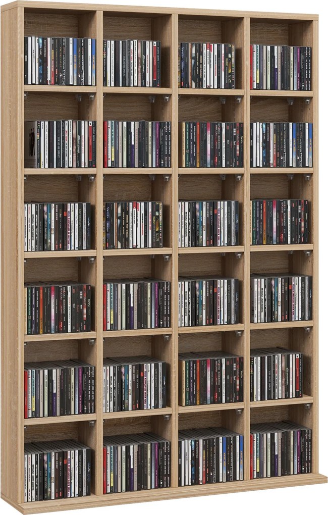HOMCOM úložný prostor na CD a DVD, multimediální regál s 24 oddíly, maximální kapacita 480 CD/312 DVD, dřevěný regál s nastavitelnými policemi, 89 x 2