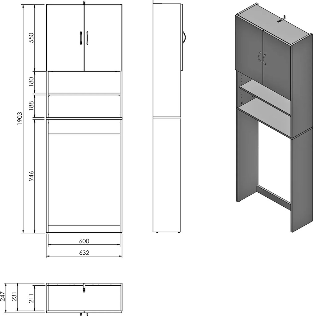 Aqualine Aqualine, SIMPLEX ECO skříňka za pračku 63x25x190cm, bílá, SIME715