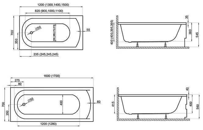 Polimat Akrylátová obdélníková vana Classic 120x70 (130x70, 140x70, 150x70, 150x75, 160x70, 170x70, 170x75, 180x80) Barva: Bílá, Rozměry (cm): 170x75