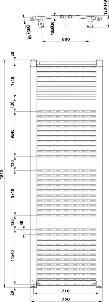 Aqualine Orbit otopné těleso oblé 750 x 1850 mm boční připojení bílá ILO87T
