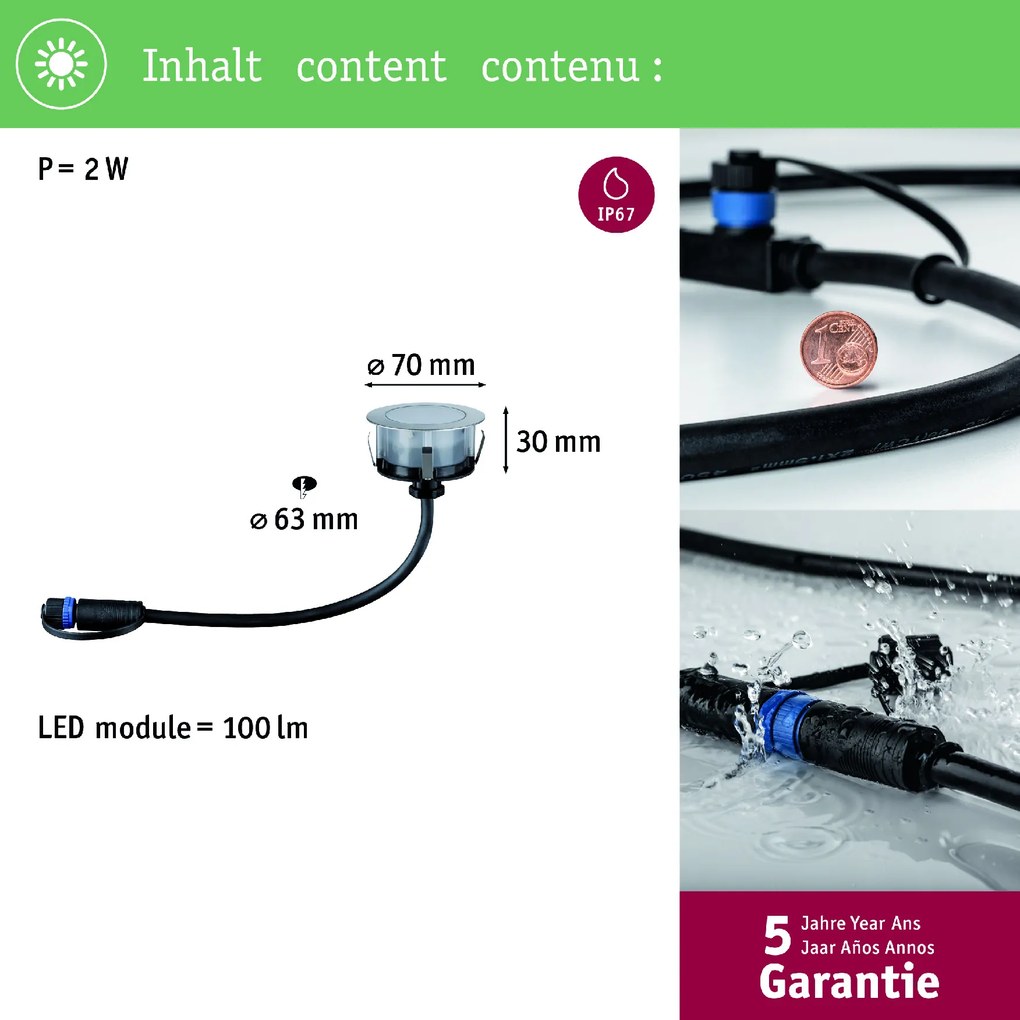 Paulmann 94721 Plug&Shine Floor, zápustné svítidlo do terasy 2W LED 2200K, stříbrná, prům. 7cm, IP67