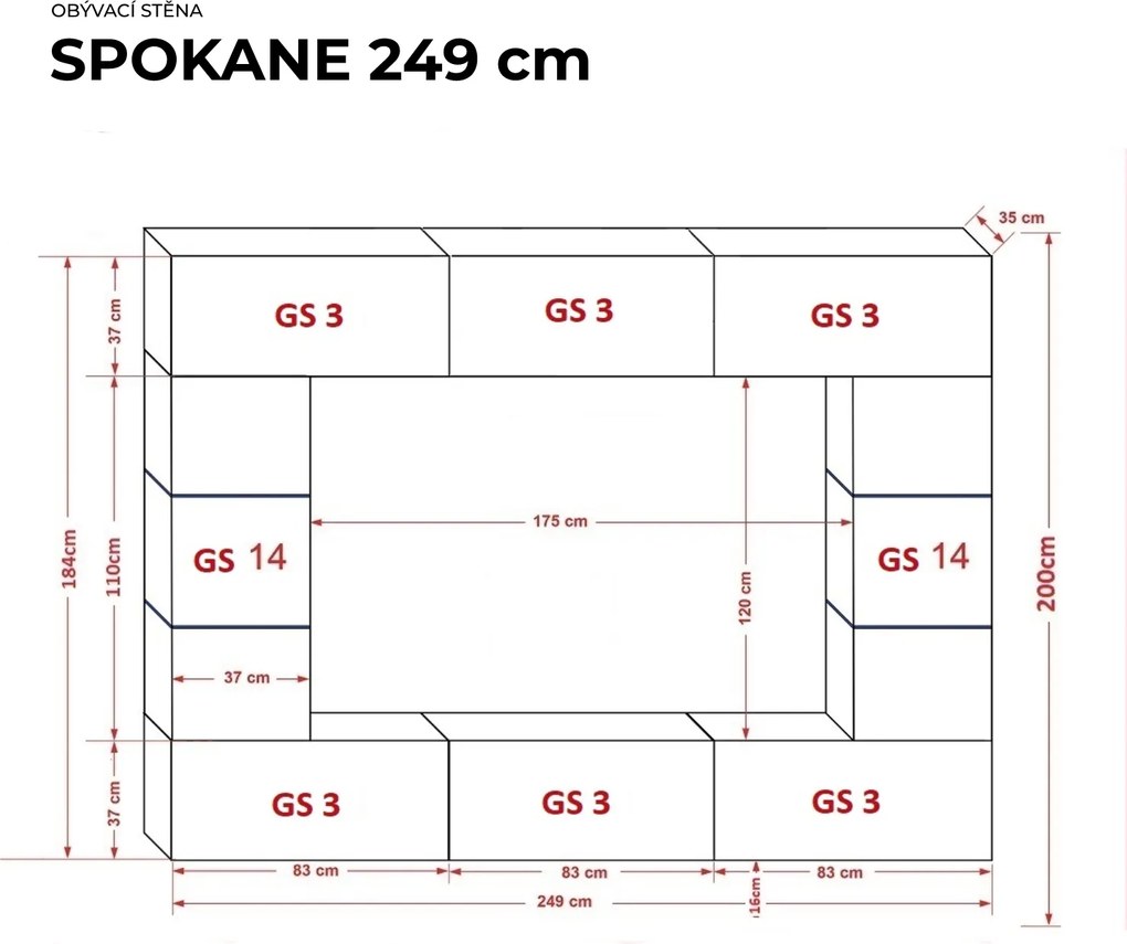 Ral Obývací stěna SPOKANE 1, 249 cm - Bílý lesk