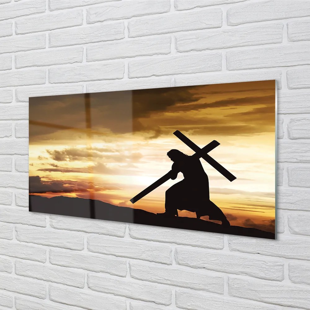 akrylový obraz Jesus cross západ slunce 125x50 cm