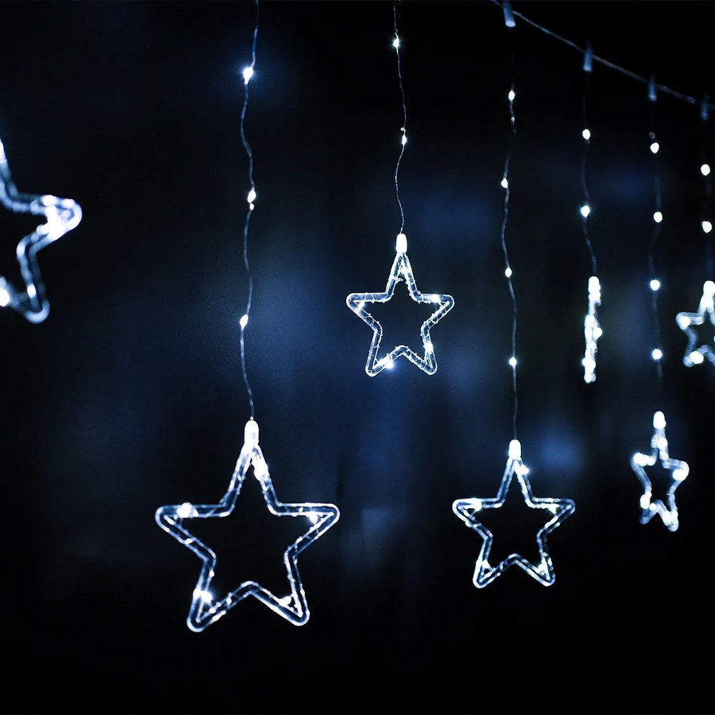 Světelný venkovní závěs Stars, 200x60cm, LED, studená bílá, časovač, 8 funkcí, na baterie, 200 cm