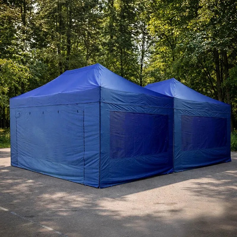 2x Nůžkový párty stan 4.5x3m - Balíček 2 (Zvýhodněná nabídka 2x stanů 4,5x3m včetně sady pro jednoduché propojení do jednoho celku a kotvících sad)