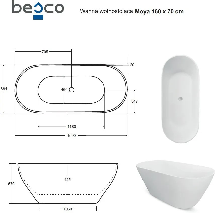 Besco Moya volně stojící vana 160 x 68 cm s bílým sifonem černá lesklá VANMOYA160WCBWL